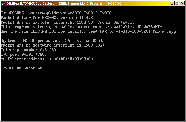 NE2000 이더넷 패치 사용하기 (ARACHNE 사용법 포함) - 간단한 팁 및 정보 - DOSBox ━ 도스용 게임 구동기