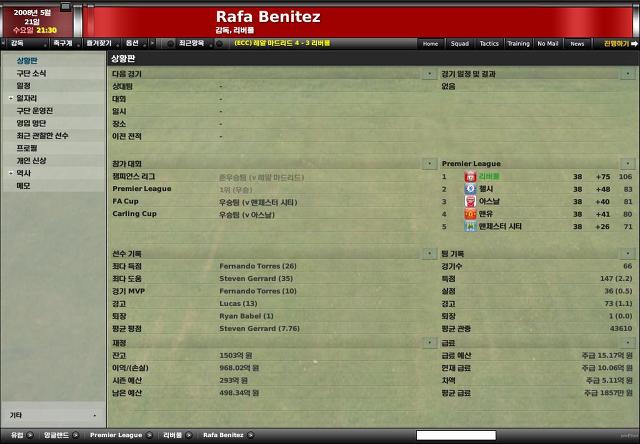 [식혜짱 로스터] 리버풀 07/08시즌 마감 - FM2008 팀 이야기 - 챔피온쉽 매니저 - 대한민국