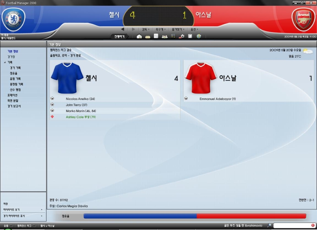 첼시 08-09시즌 2연속 트레블 달성! - FM2008 팀 이야기 - 챔피온쉽 매니저 - 대한민국